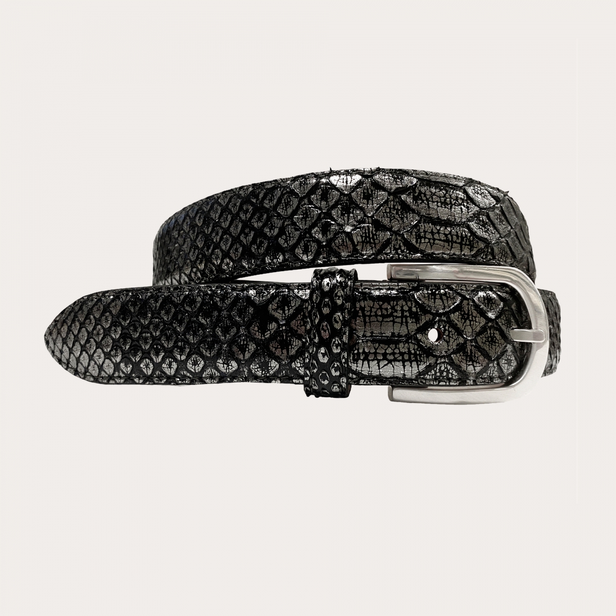 Metallic black python belt