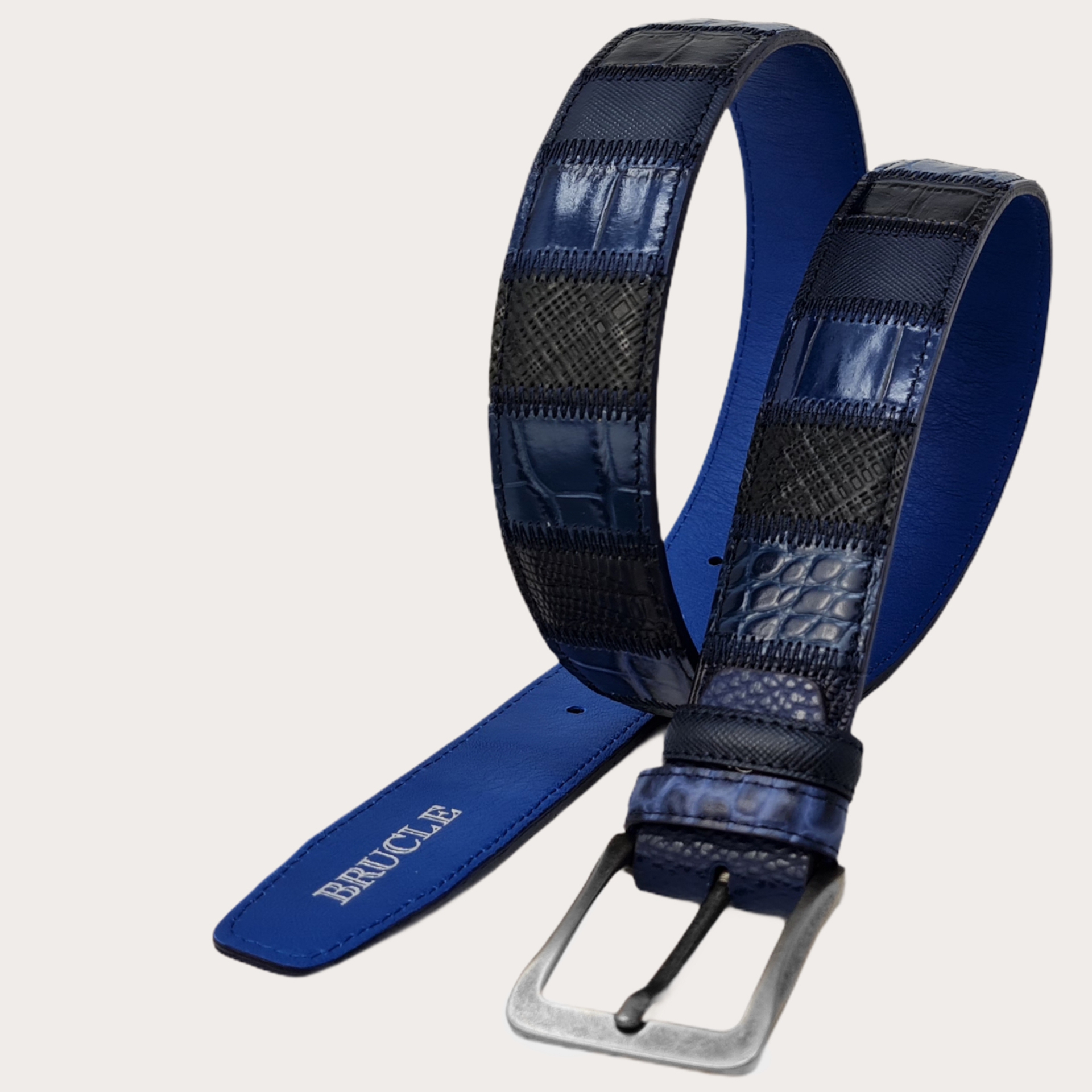 Exclusive patchwork belt in shades of blue