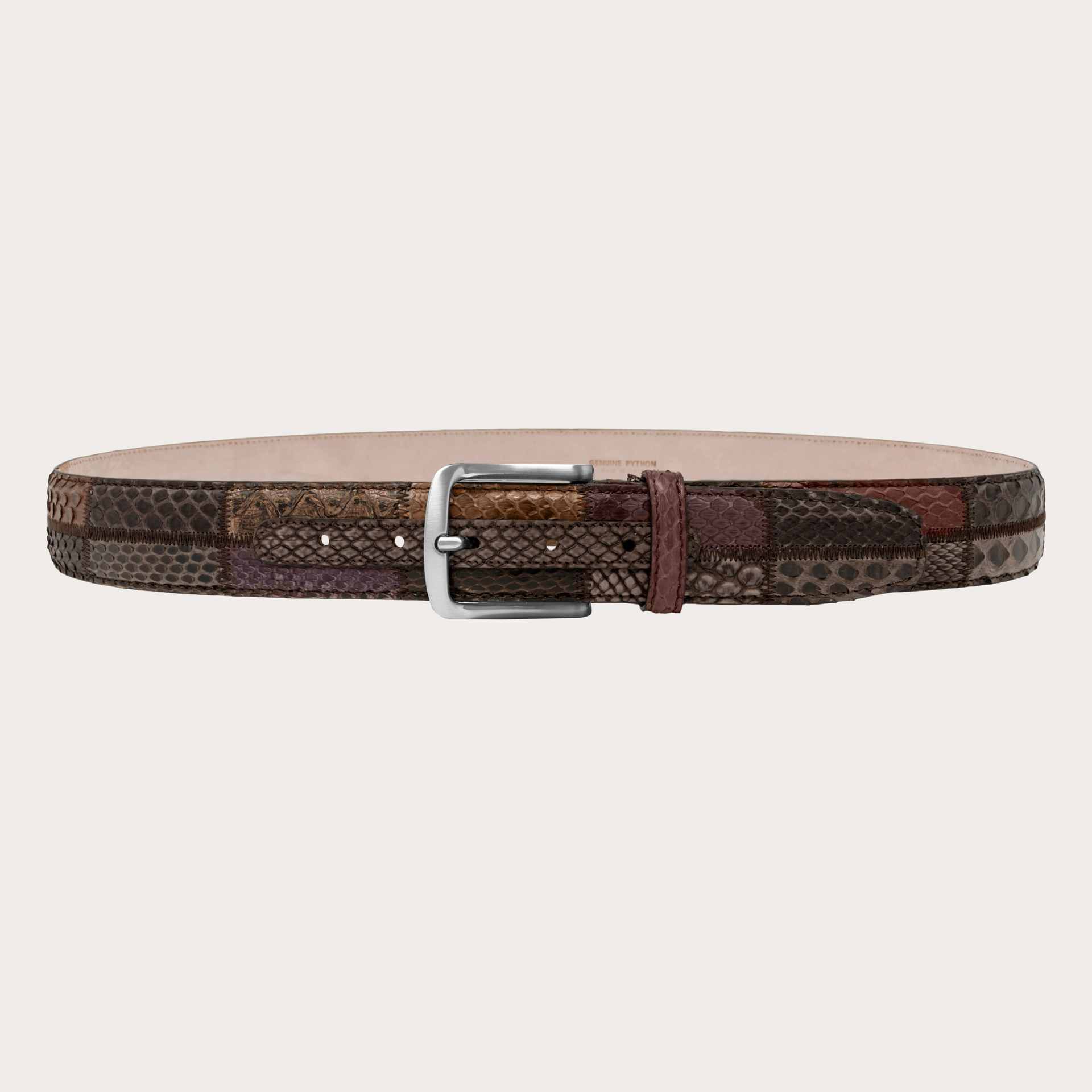 Genuine python leather belt, brown patchwork