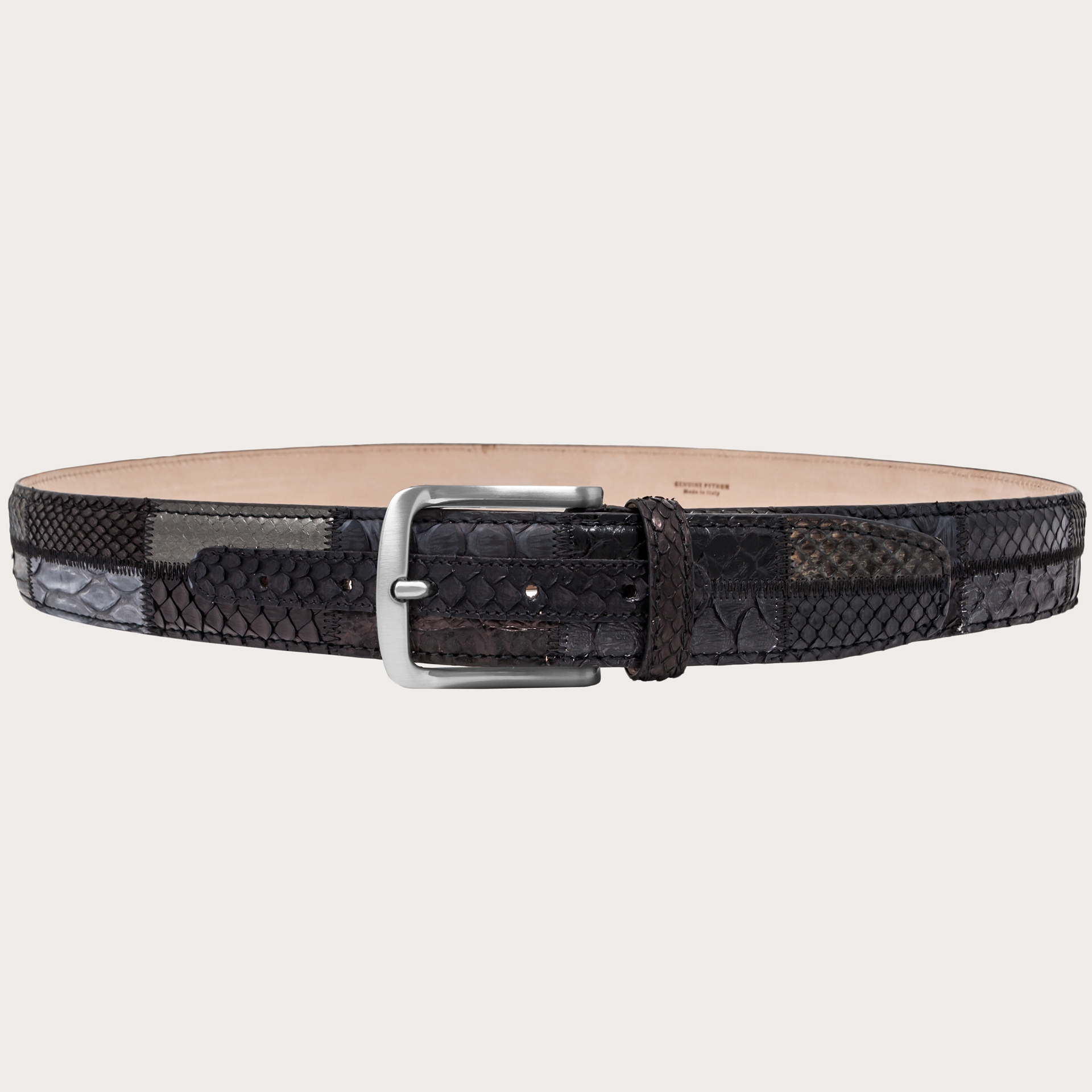 Patchwork python belt in shades of black