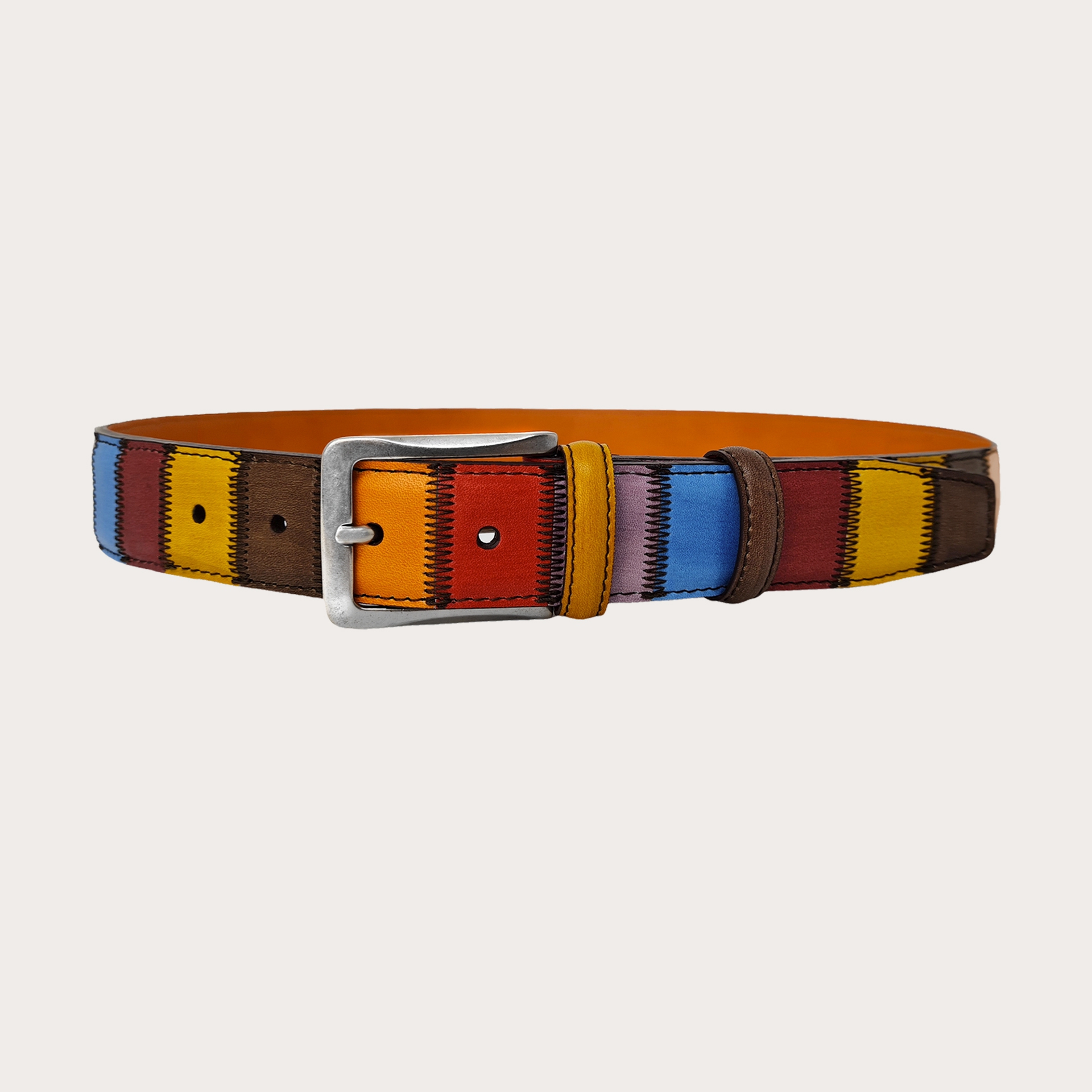 Multicolored patchwork belt in hand-colored leather