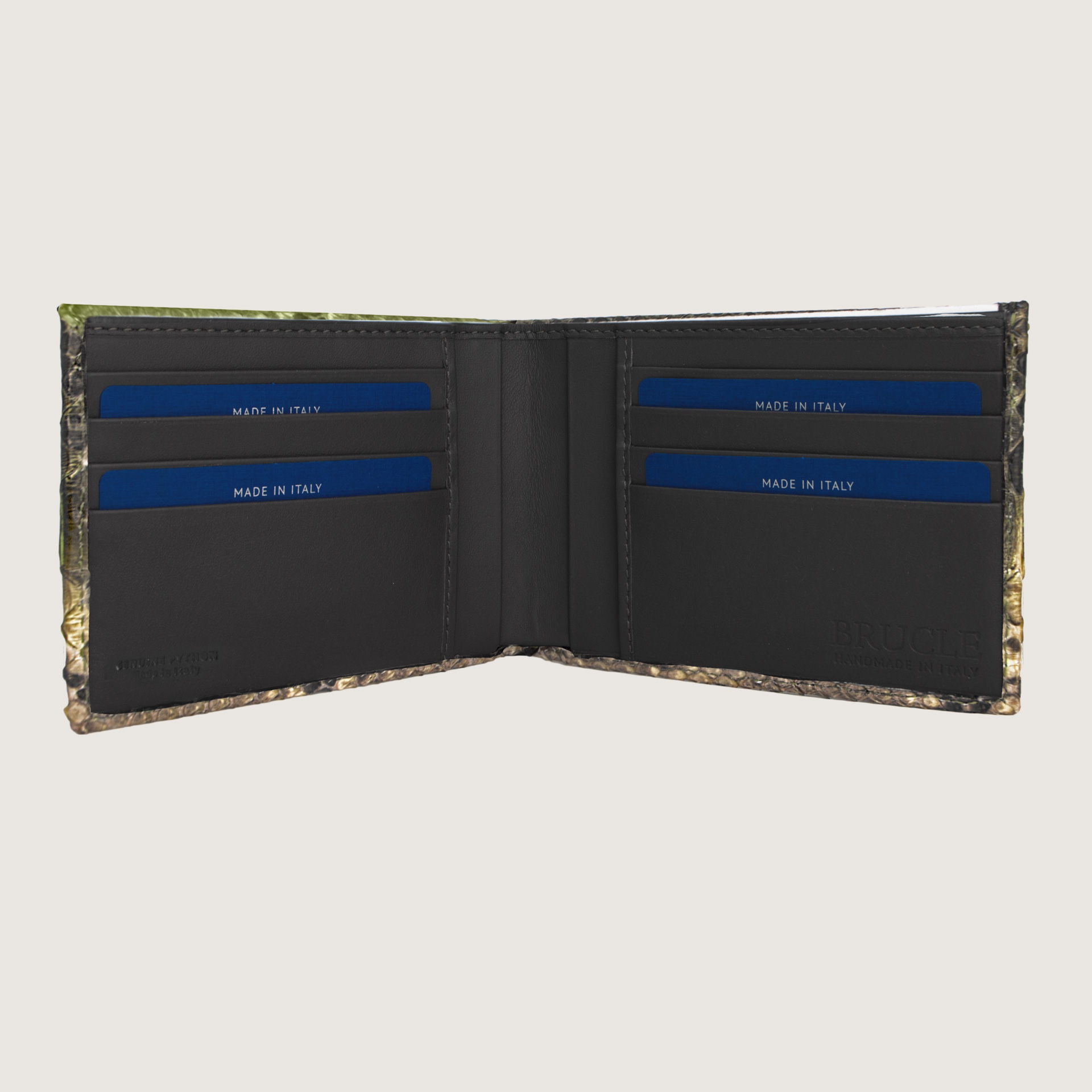 Luxury men's wallet in genuine python, green nuanced mud