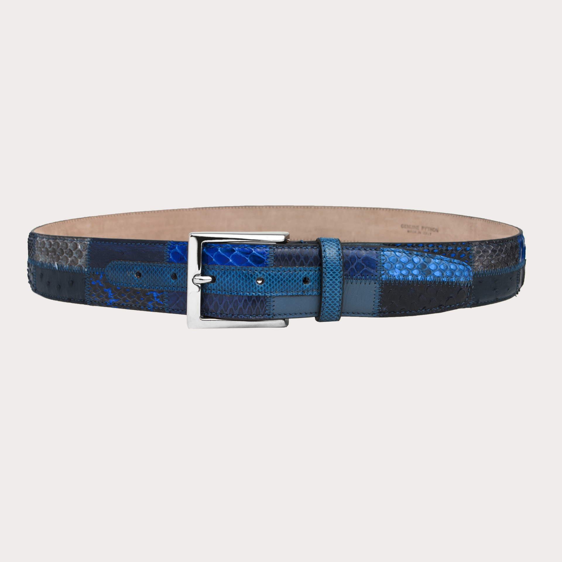 Patchwork python belt in shades of blue