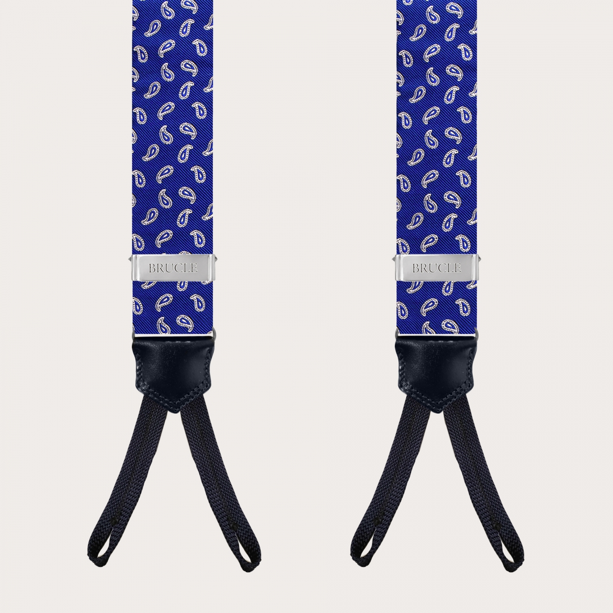 Elegant silk suspenders with buttonholes, royal blue paisley pattern
