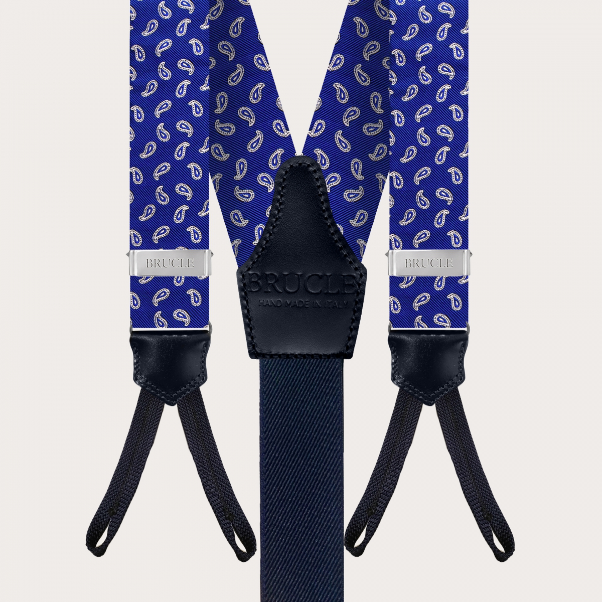 Elegant silk suspenders with buttonholes, royal blue paisley pattern