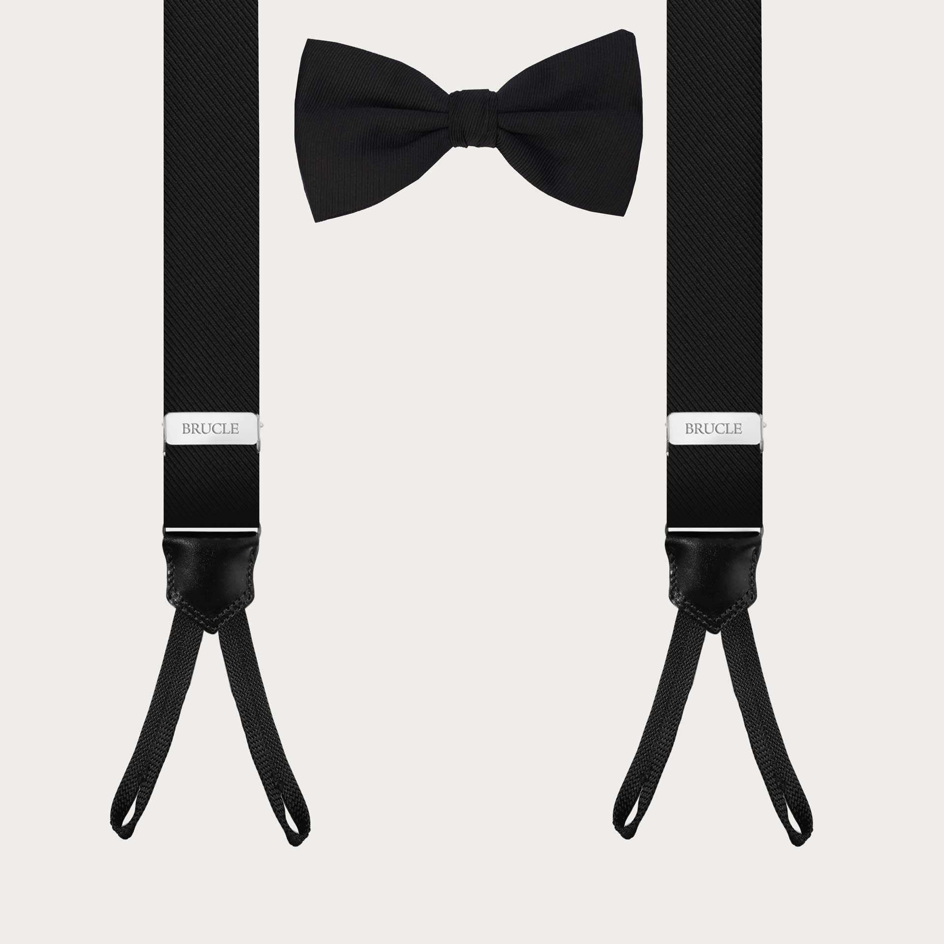 Men's black silk suspenders and bow tie | Elegant and refined