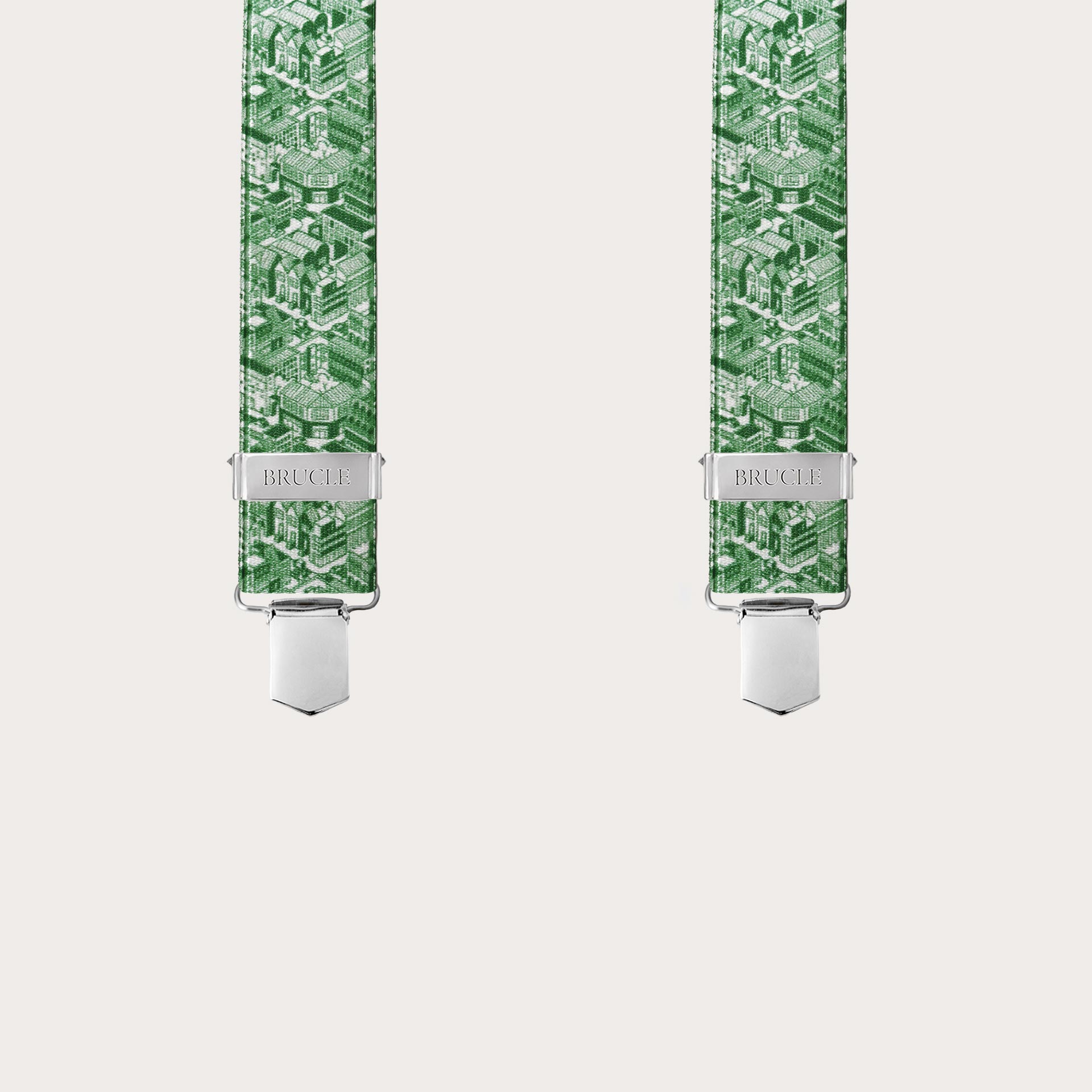 Green X-back suspenders with skyscraper pattern | BRUCLE Italian suspenders