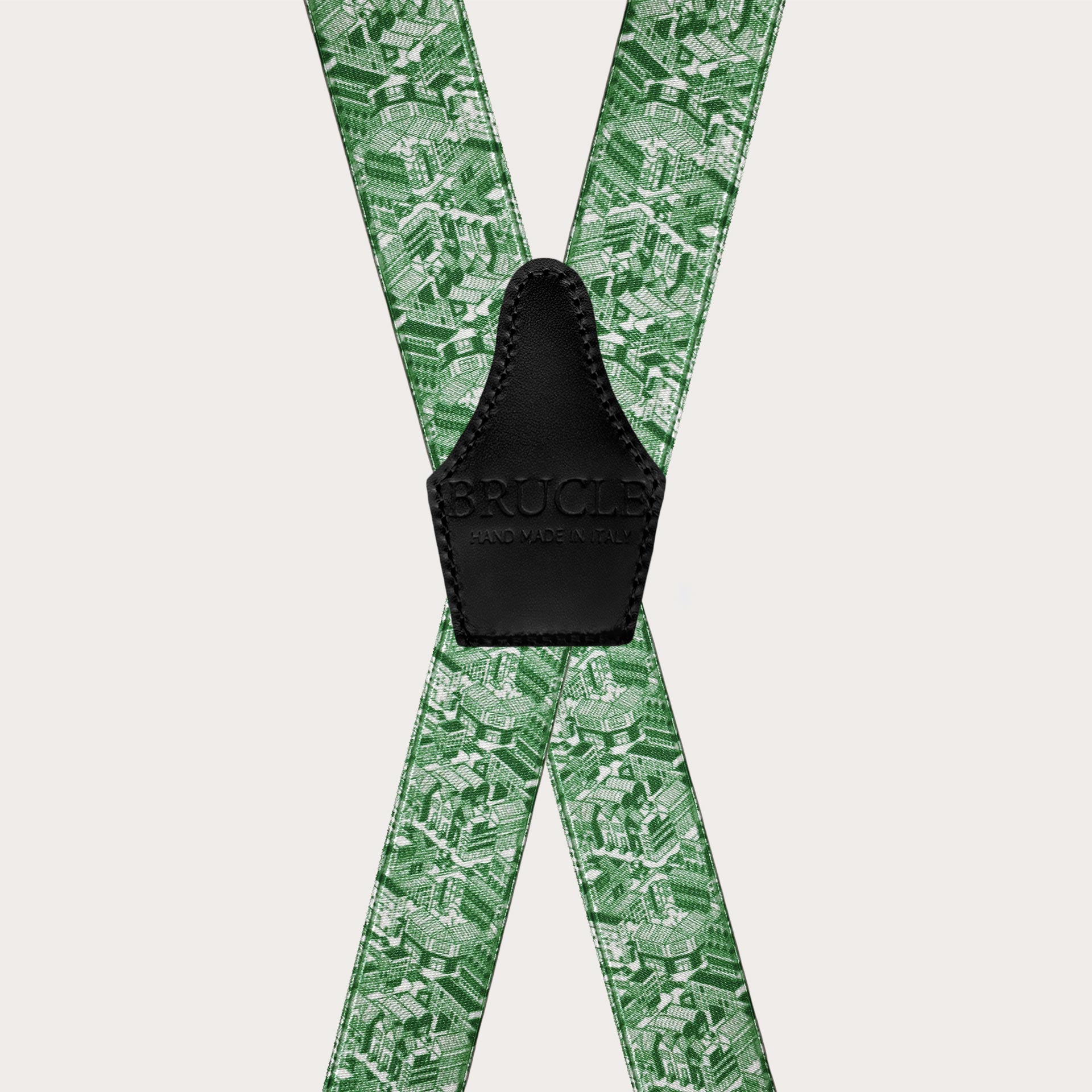 Green X-back suspenders with skyscraper pattern | BRUCLE Italian suspenders