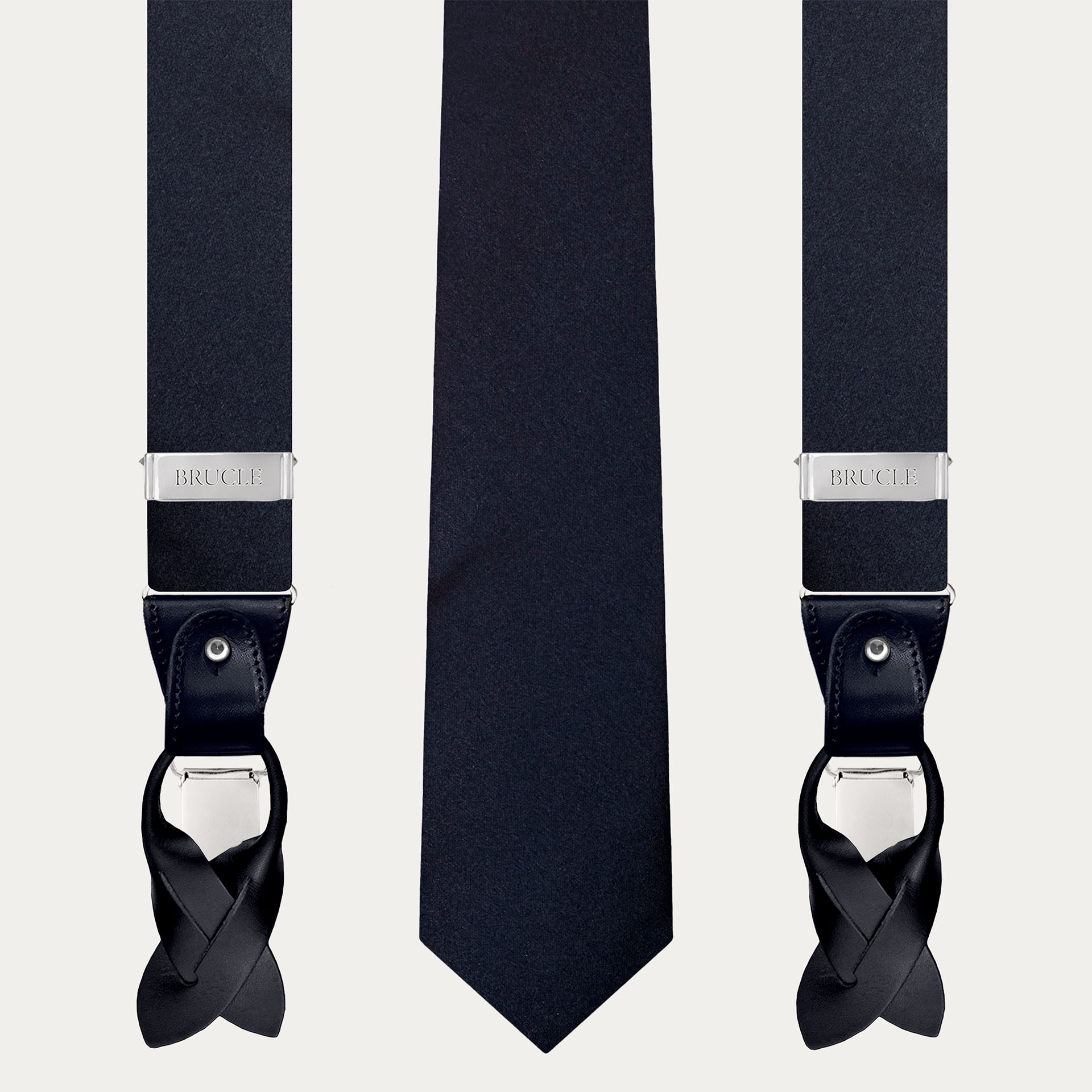 Navy Blue Silk Satin Suspenders and Tie Set | BRUCLE Luxury