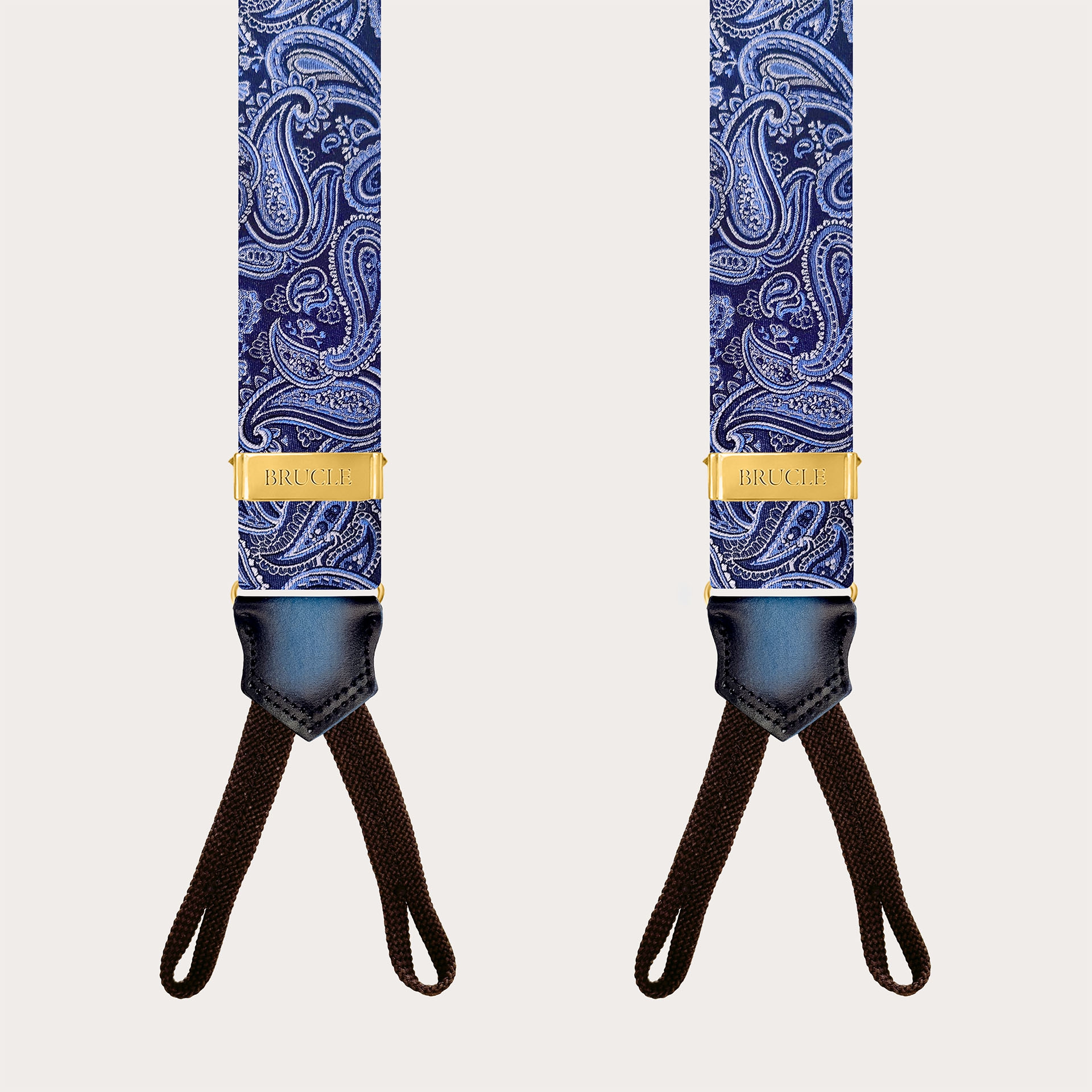 Blue Paisley Silk Button Suspenders with Gold Parts | BRUCLE Luxury