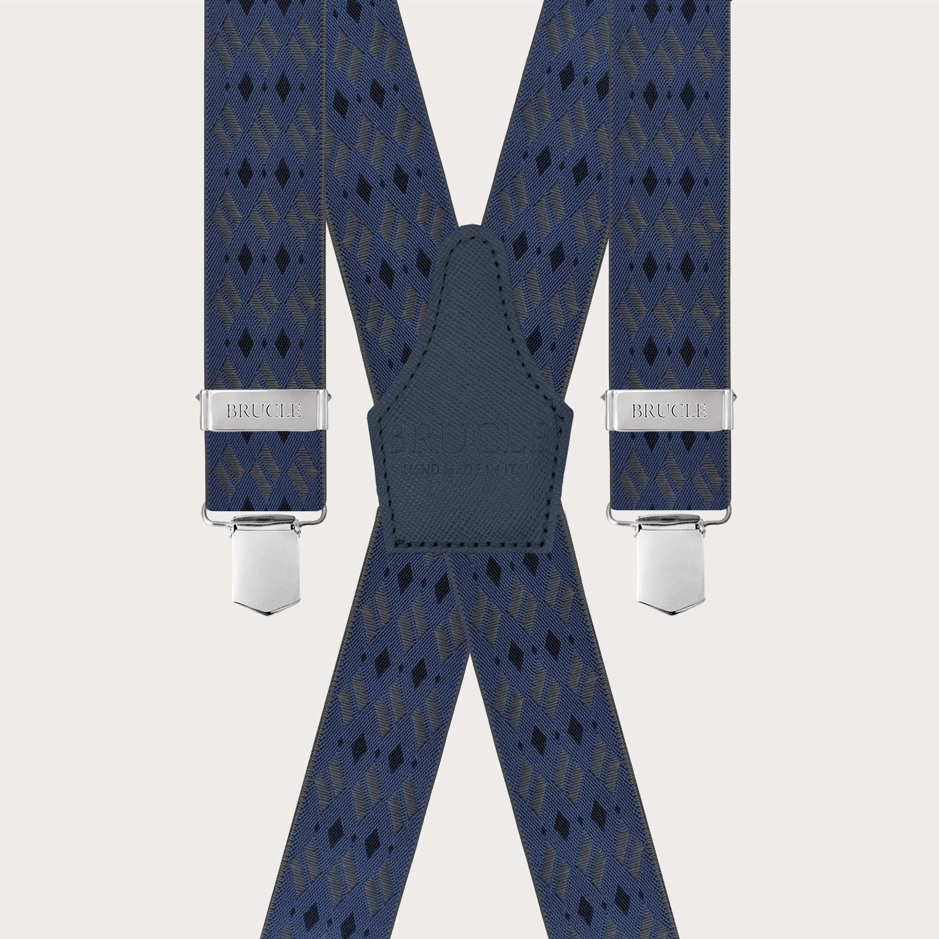 Elastic blue and grey diamond-pattern suspenders | BRUCLE Artisan ...