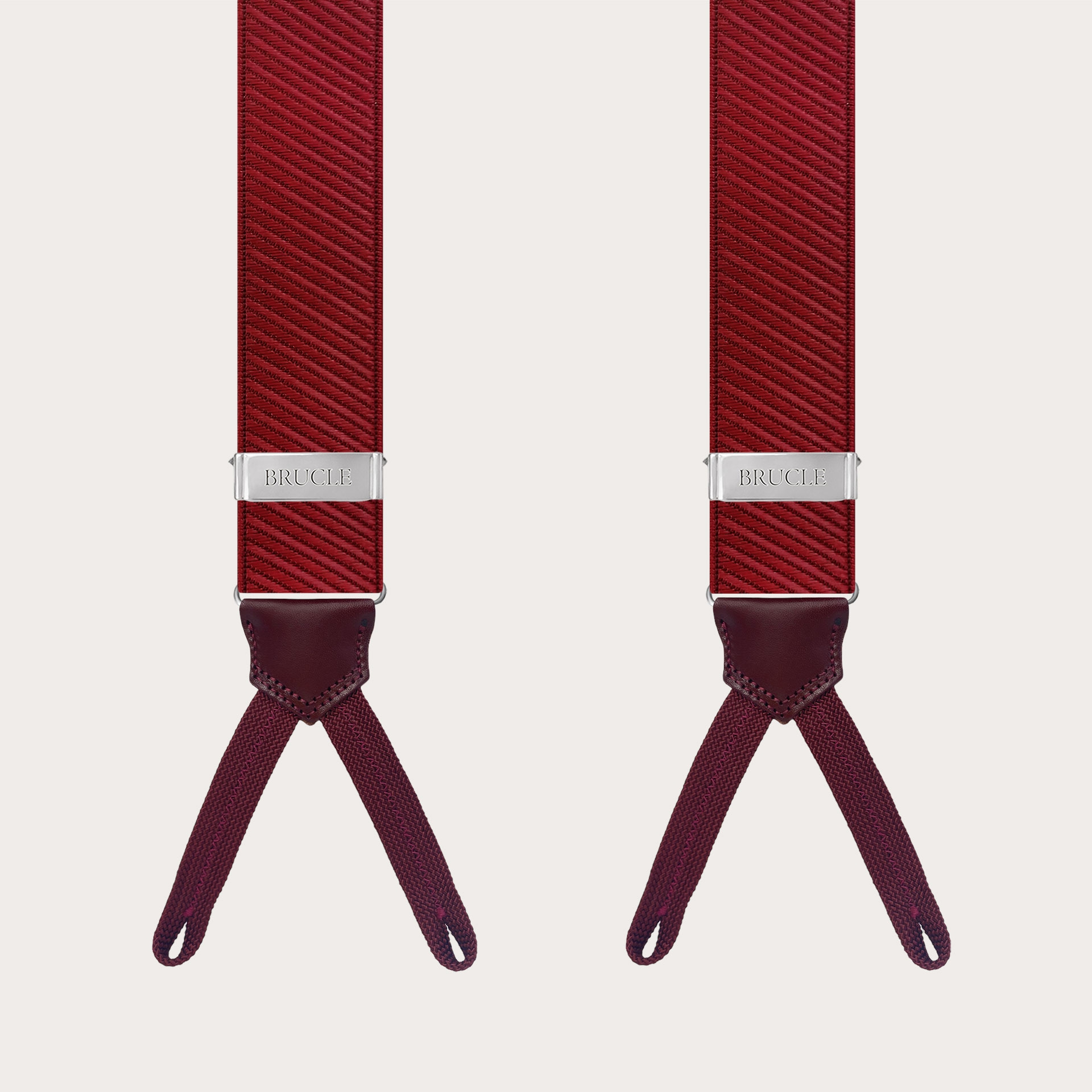 Elegant burgundy satin suspenders with button loops | BRUCLE