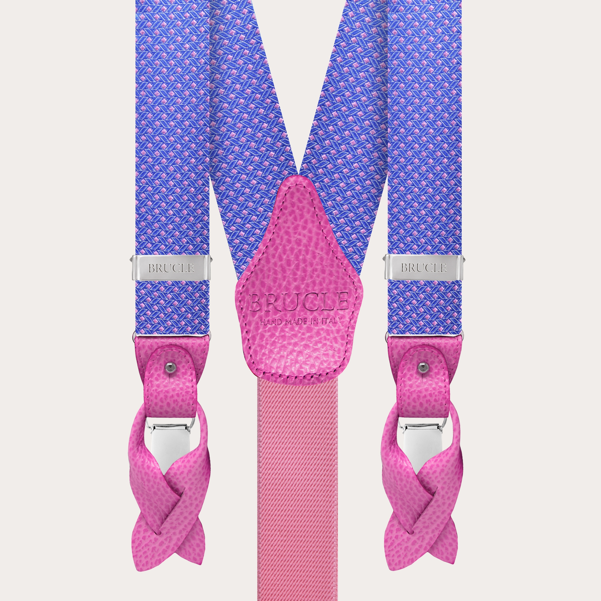 Formal Y-shape fabric skinny suspenders in silk, dotted black pattern